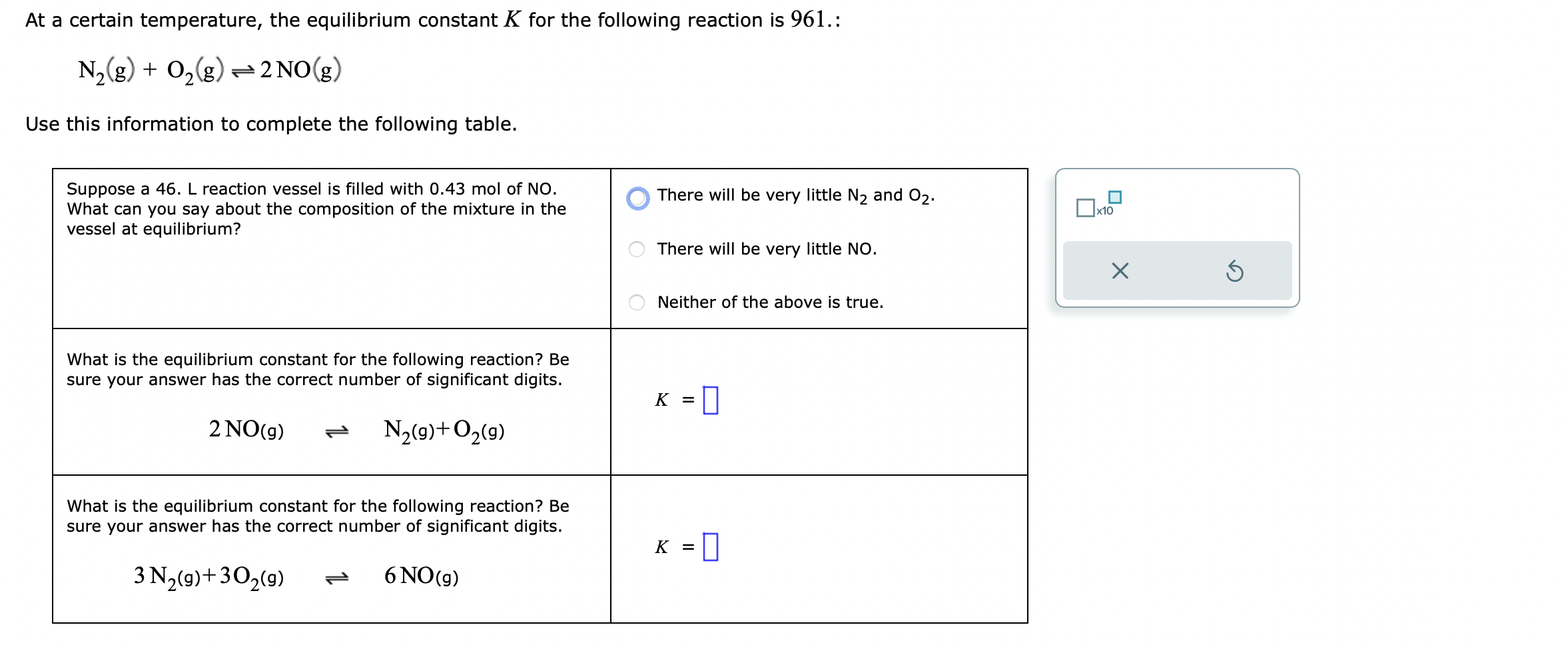 Solved N2( g)+O2( g)⇌2NO(g) Use this information to complete | Chegg.com