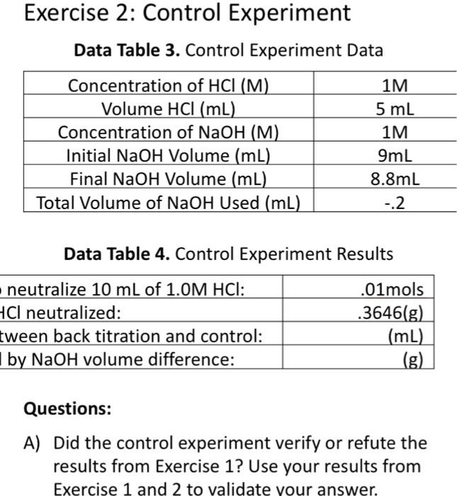 Exercise 2 Control Experiment Data Table 3 Control
