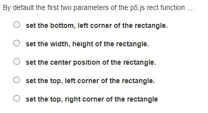 Solved By default the first two parameters of the p5.js rect | Chegg.com