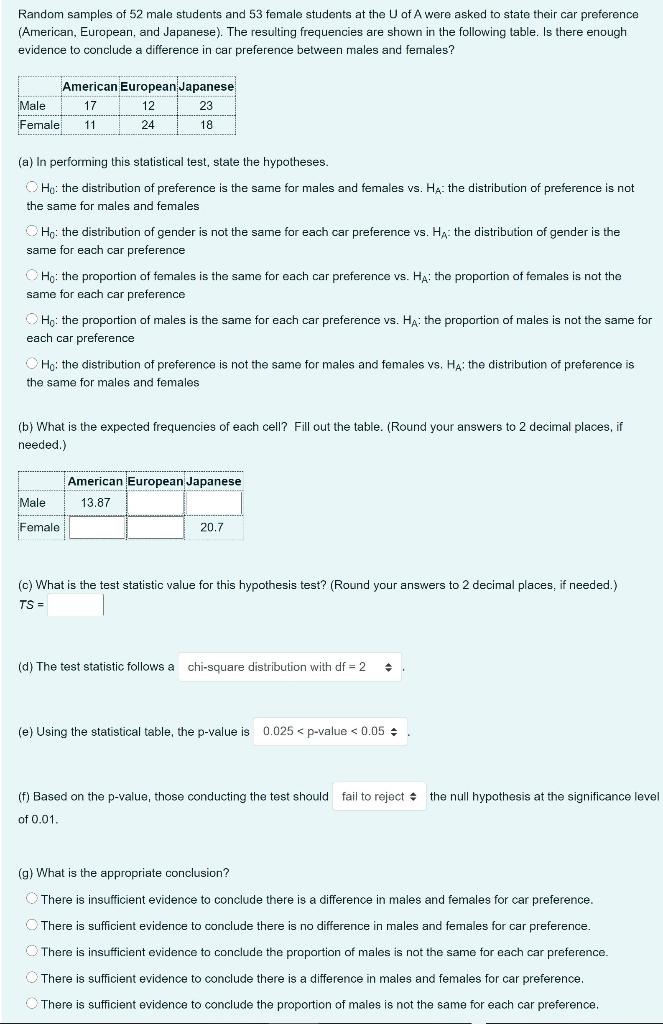 Solved Random samples of 52 male students and 53 female | Chegg.com