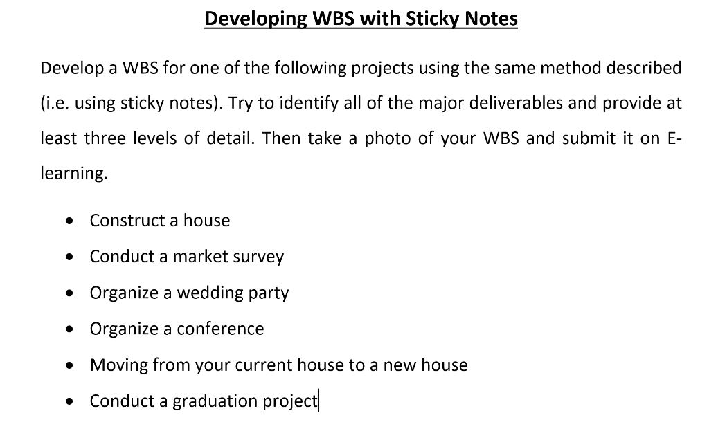 Solved Developing WBS with Sticky Notes Develop a WBS for | Chegg.com