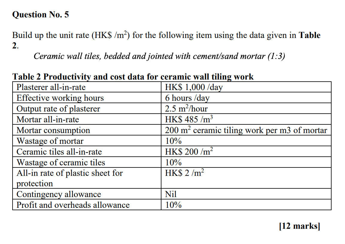 Solved Question No. 5 2. Build up the unit rate (HK$ /m²) | Chegg.com