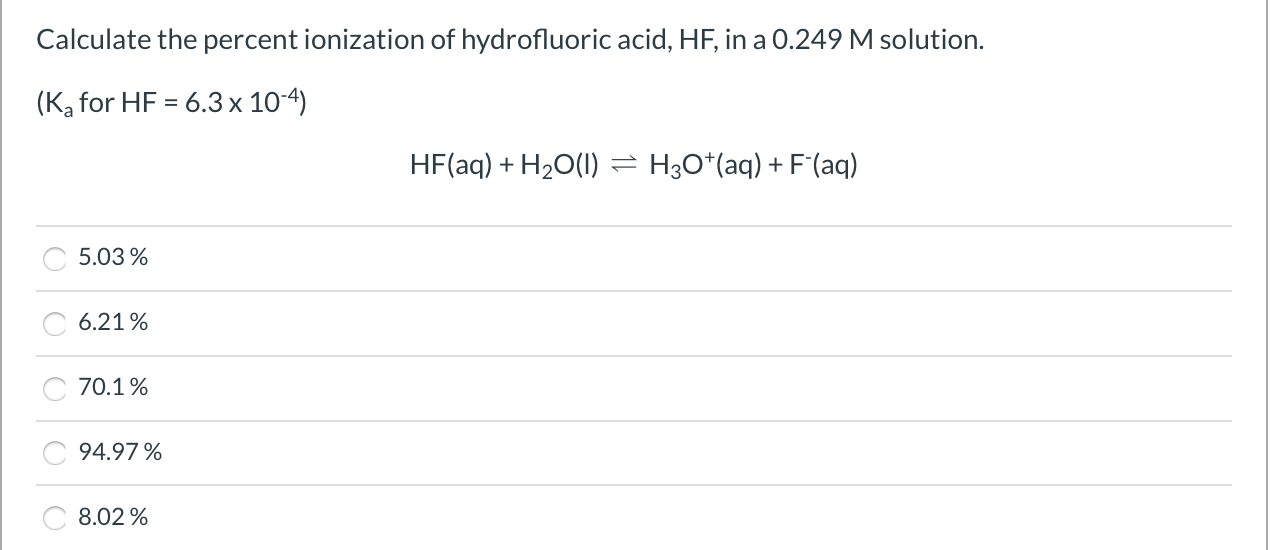 Solved Calculate the percent ionization of hydrofluoric | Chegg.com