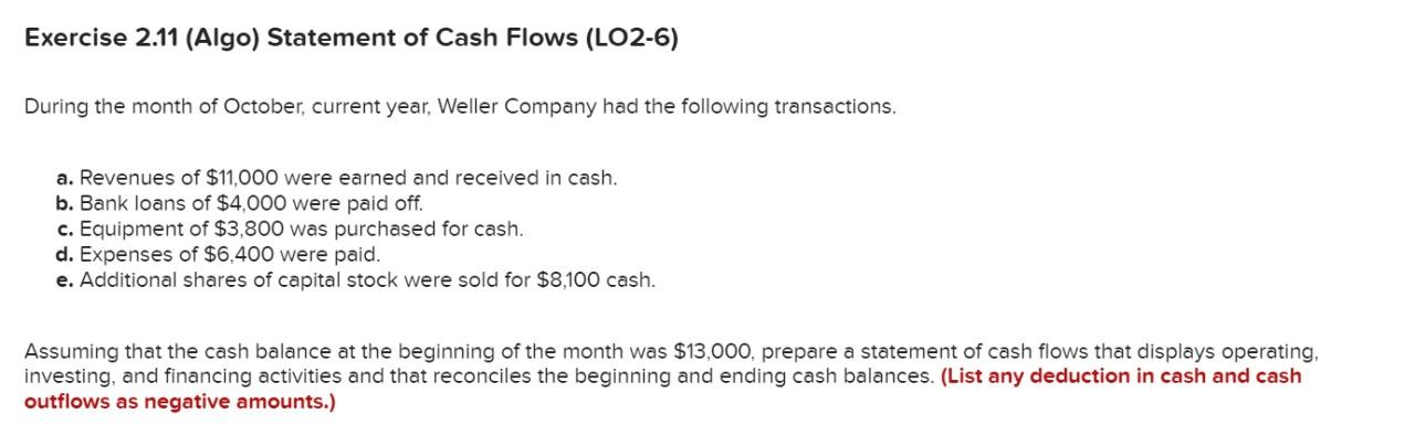 Solved Exercise 2.11 (Algo) Statement of Cash Flows (LO2-6) | Chegg.com