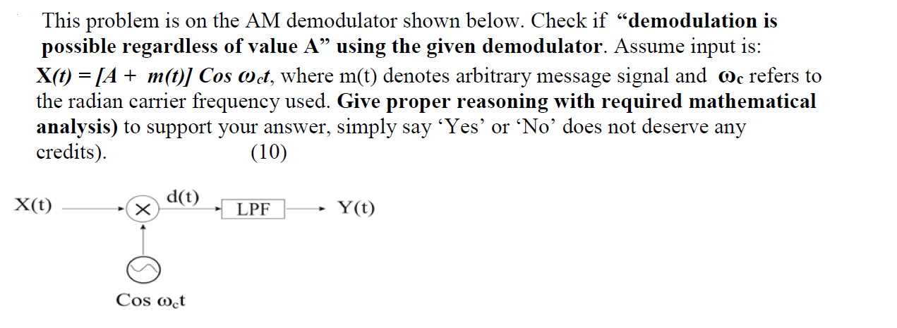 Solved This problem is on the AM demodulator shown below. | Chegg.com