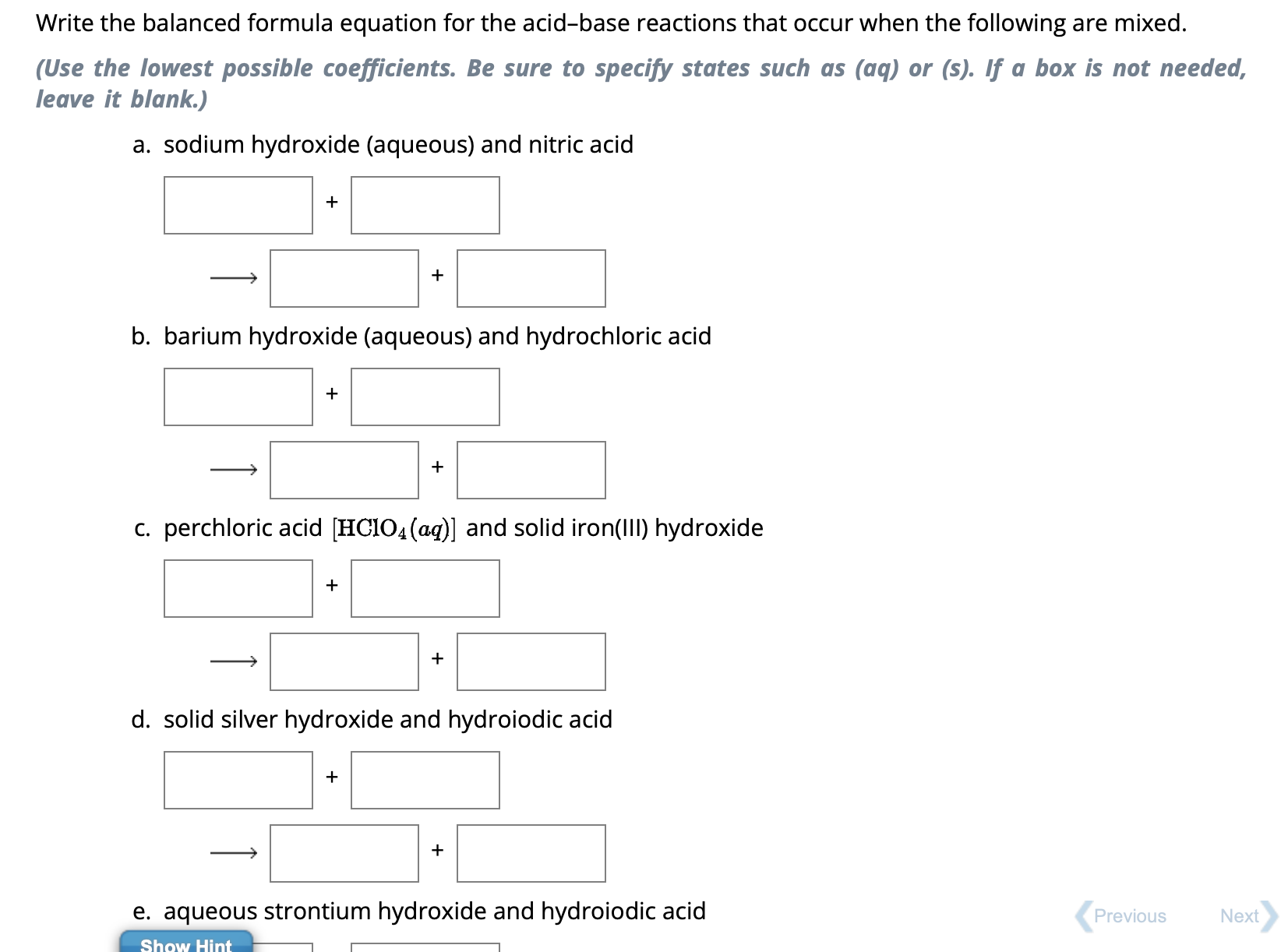 Solved Write the balanced formula equation for the acid-base | Chegg.com