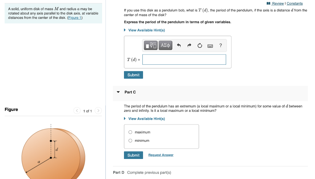 Solved I Review Constants A solid, uniform disk of mass M | Chegg.com