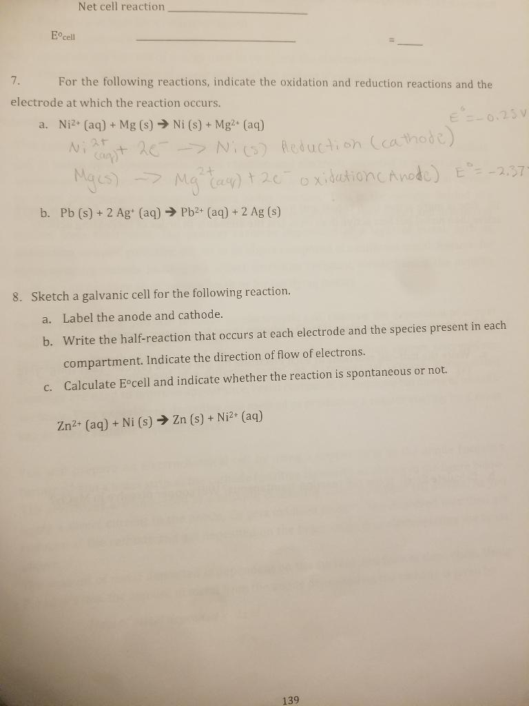 Solved Net cell reaction Ecell 7. For the following | Chegg.com