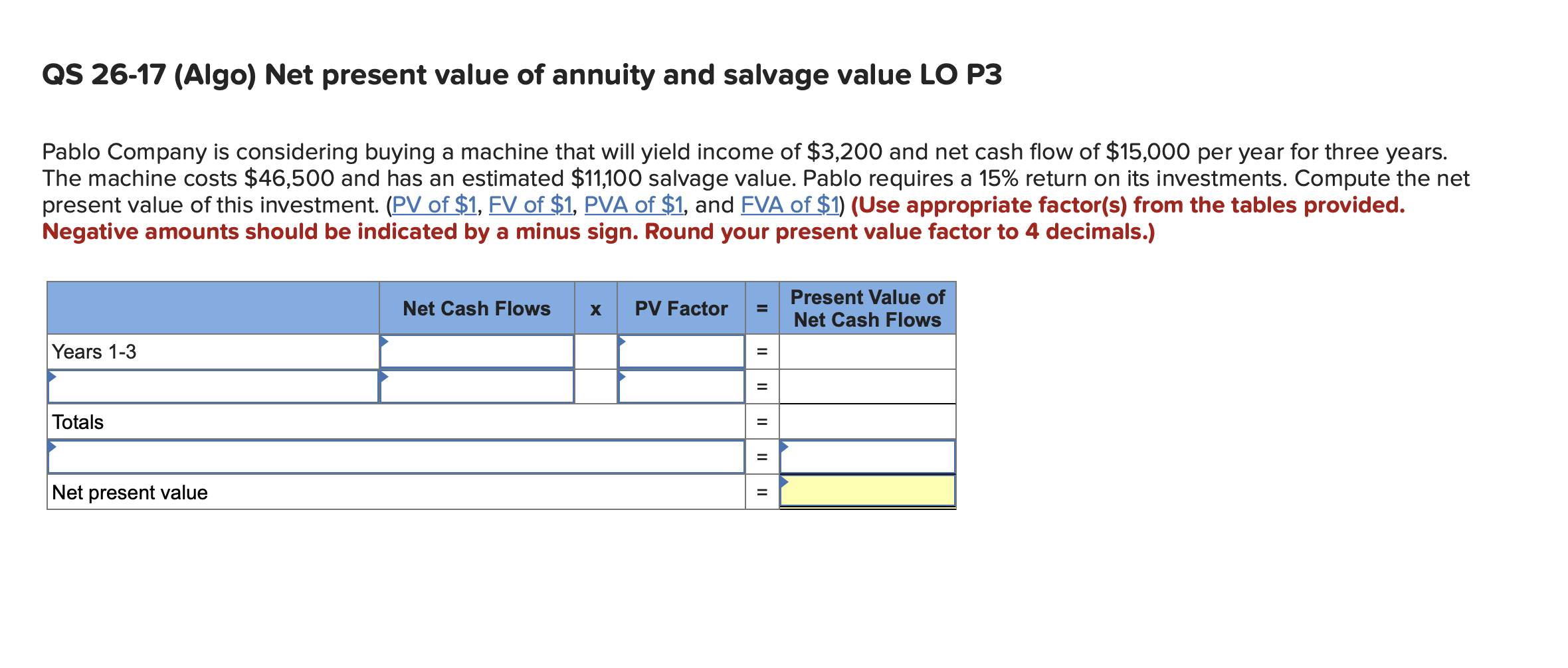 Solved QS 26-17 (Algo) Net present value of annuity and | Chegg.com
