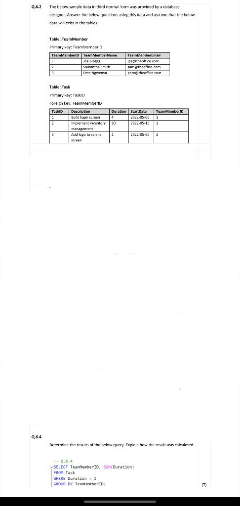 Solved Q.6.2 Q.6.4 The below sample data in third normal | Chegg.com