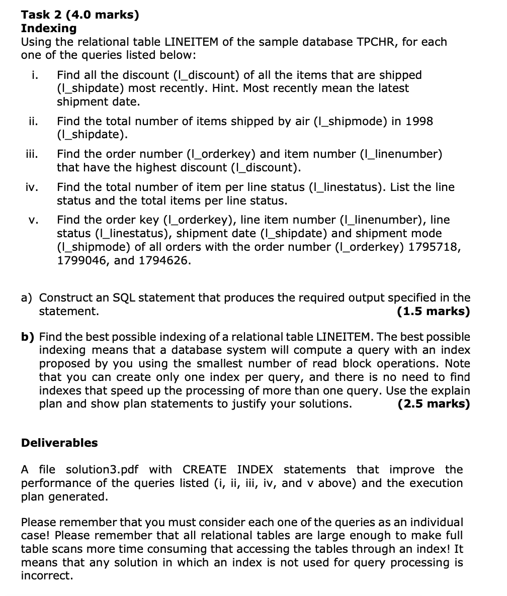 Solved Task 2 (4.0 marks) Indexing Using the relational | Chegg.com