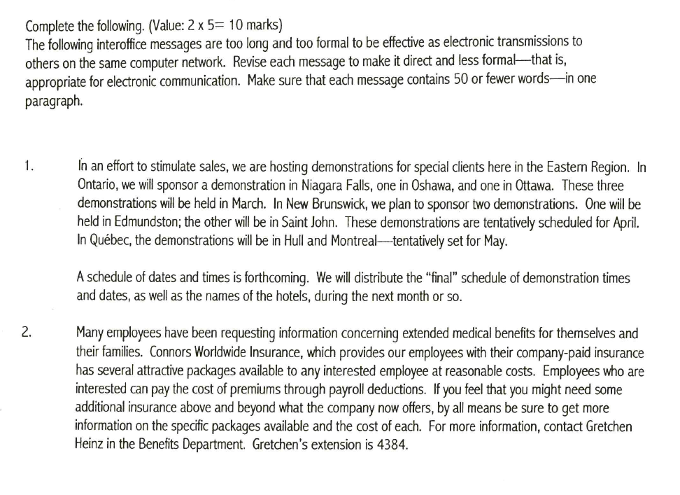 Solved The following interoffice messages are too long and | Chegg.com