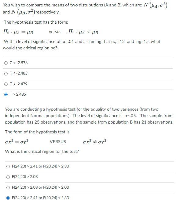 Solved You wish to compare the means of two distributions (A | Chegg.com