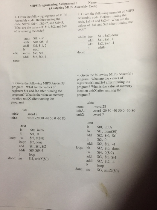 Solved Name: MIPS Programming Assignment 6 (Analyzing MIPS | Chegg.com Solved Name: MIPS Programming Assignment 6 (Analyzing MIPS | Chegg.com