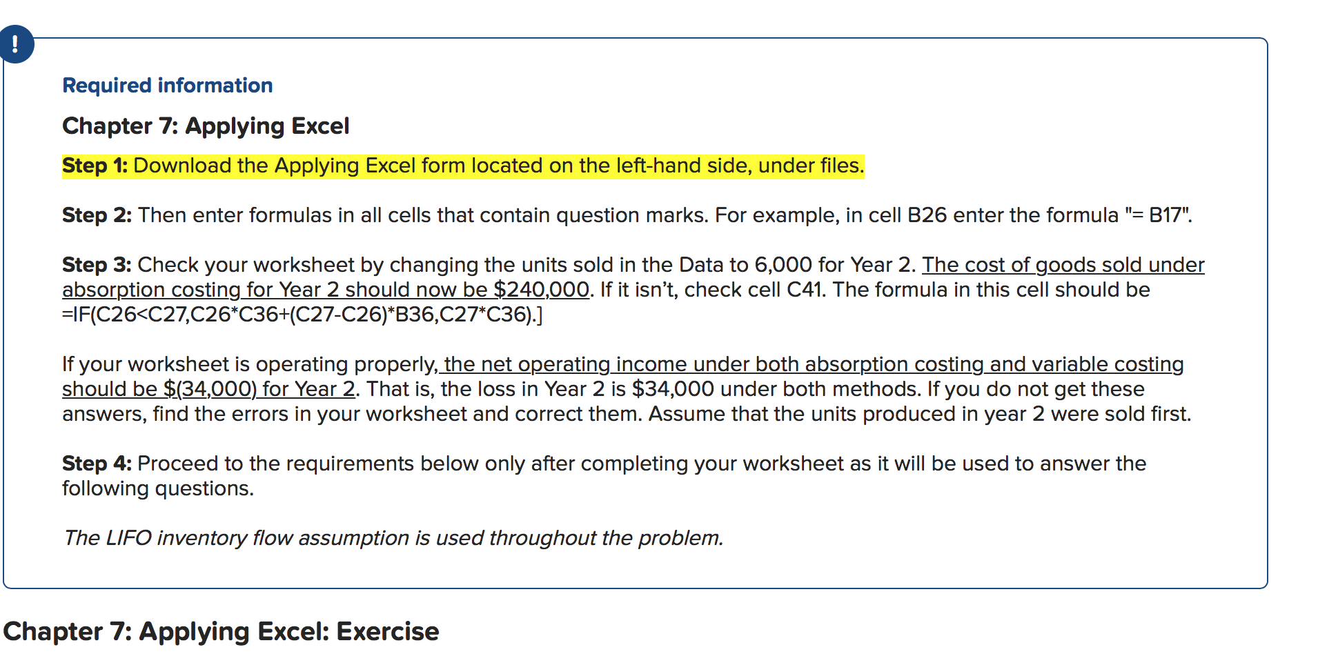 Solved ! Required information Chapter 7: Applying Excel Step | Chegg.com