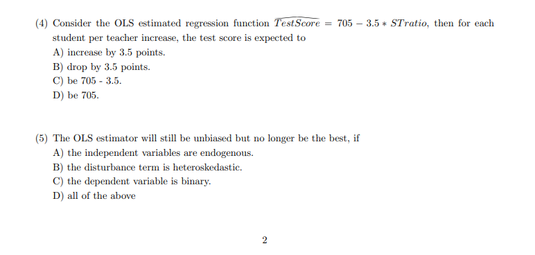 Solved ) Consider the OLS estimated regression function V T | Chegg.com