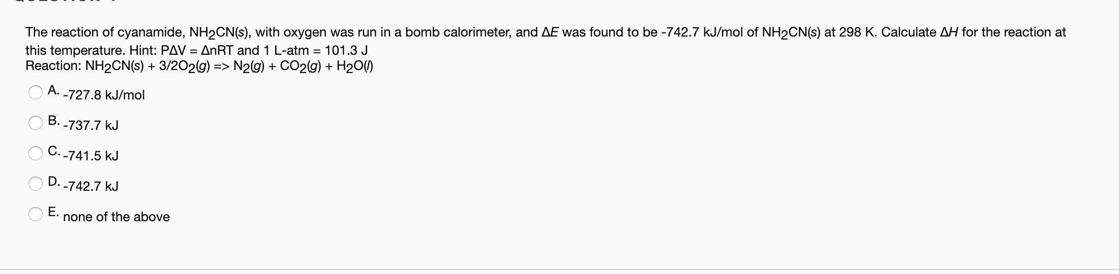 Solved The reaction of cyanamide, NH2CN(s), with oxygen was | Chegg.com