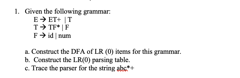 Solved Given the following grammar:E→ET+|TT→TF**|FF→ id | | Chegg.com