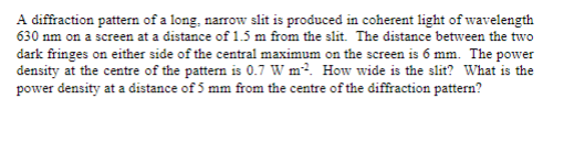 Solved A diffraction pattern of a long, narrow slit is | Chegg.com