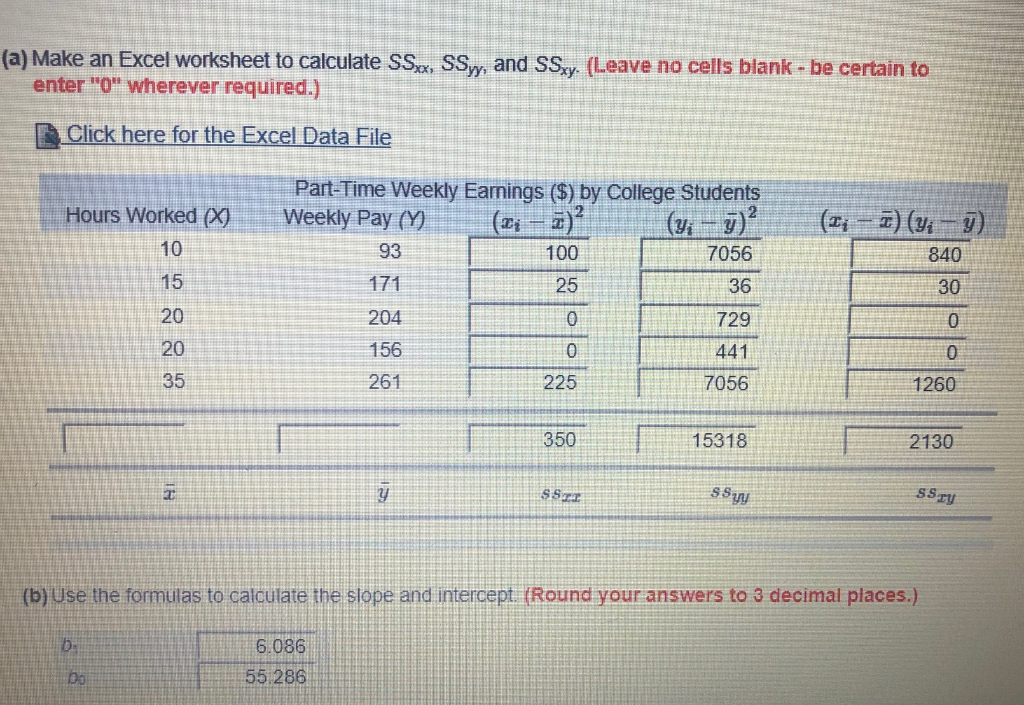 Solved (a) Make an Excel worksheet to calculate SSx, SSy, | Chegg.com