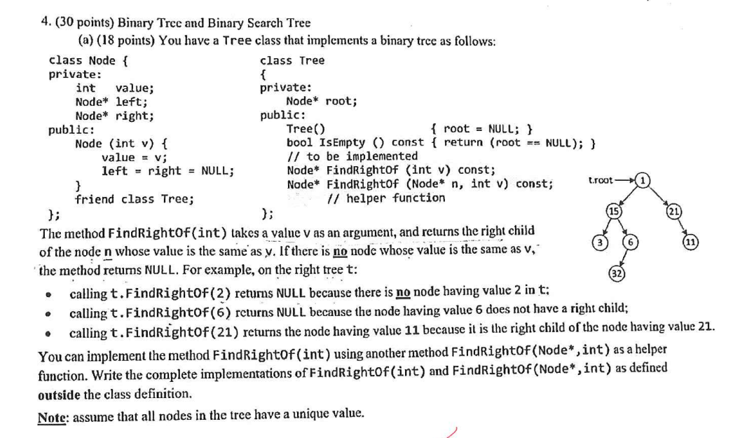 Solved 4. (-- points) You have a Tree class that implements | Chegg.com