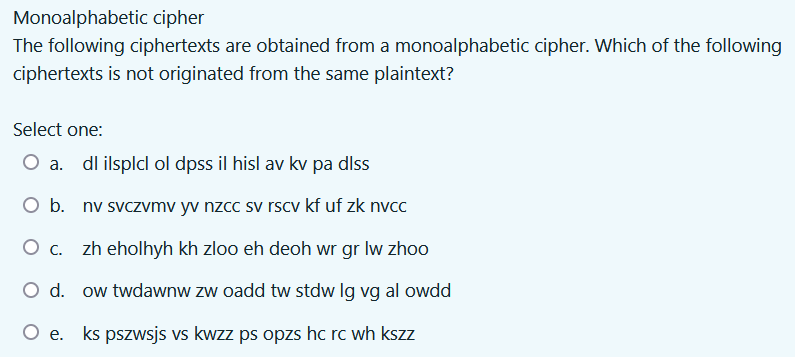 Solved Monoalphabetic cipher The following ciphertexts are | Chegg.com