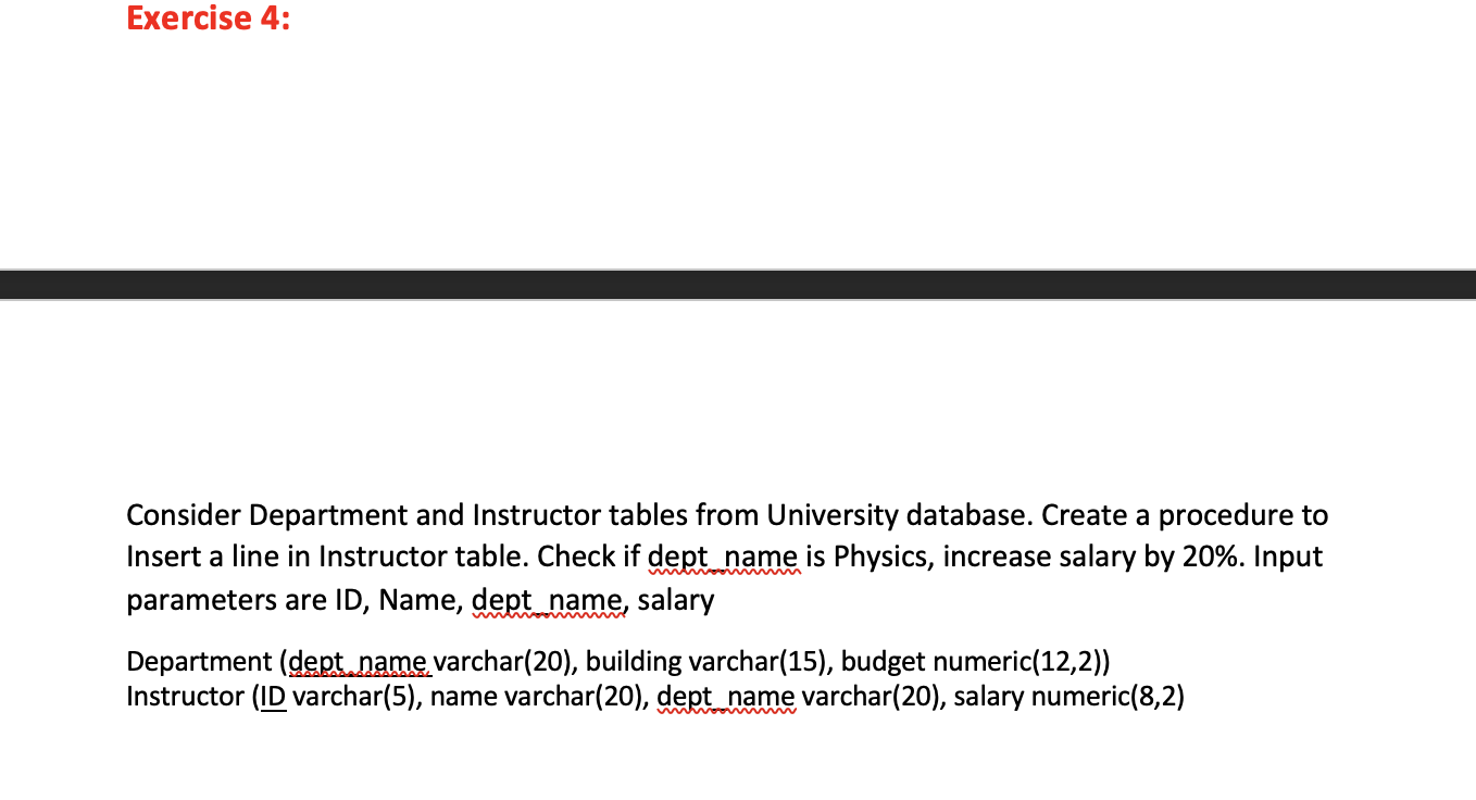 Solved Exercise 4: Consider Department and Instructor tables | Chegg.com