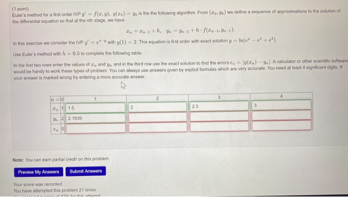 Solved (1 point) Euler's method for a first order IVP y = | Chegg.com