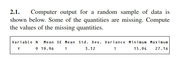 Solved 2.1. Computer output for a random sample of data is | Chegg.com