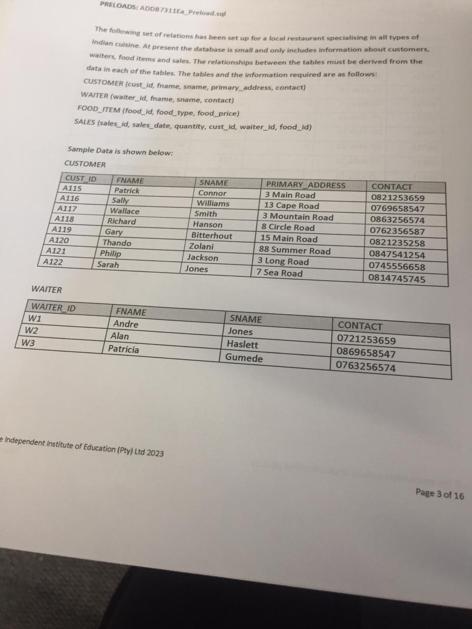 Solved PRELOADS: ADDB7311E a Preload.sqI The following set | Chegg.com