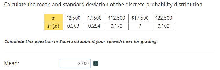 Solved $0.00 Mean: Round to the nearest cent Standard | Chegg.com