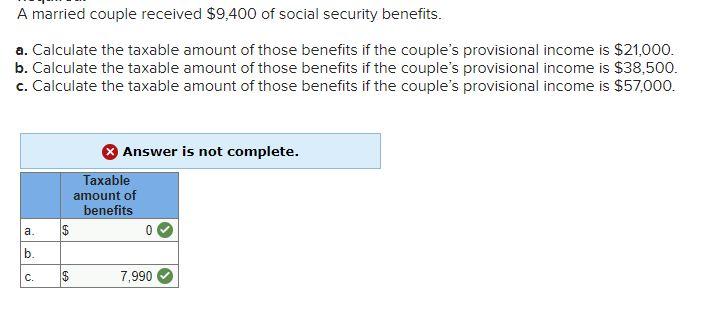 Solved A married couple received $9,400 of social security | Chegg.com