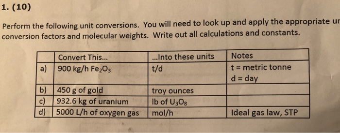Solved 1. (10) Perform the following unit conversions. You | Chegg.com