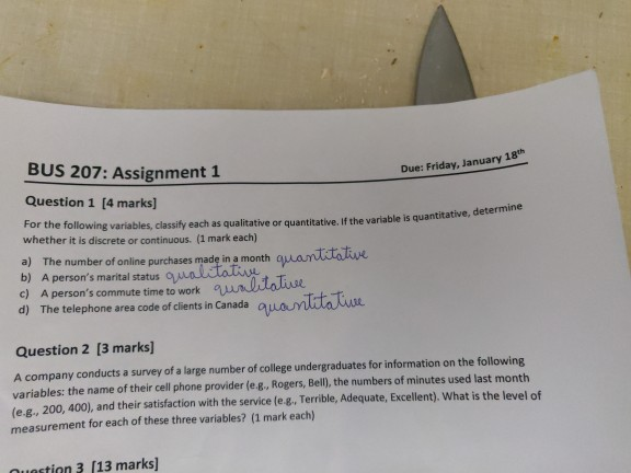 Solved BUS 207: Assignment 1 Question 1 [4 marks] whether it | Chegg.com