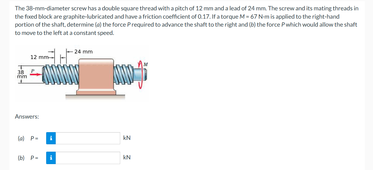 Solved The 38-mm-diameter screw has a double square thread | Chegg.com