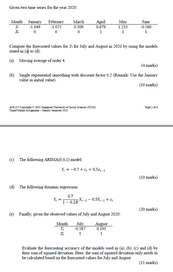 Solved Given two time series for the year 2020: Compute the | Chegg.com