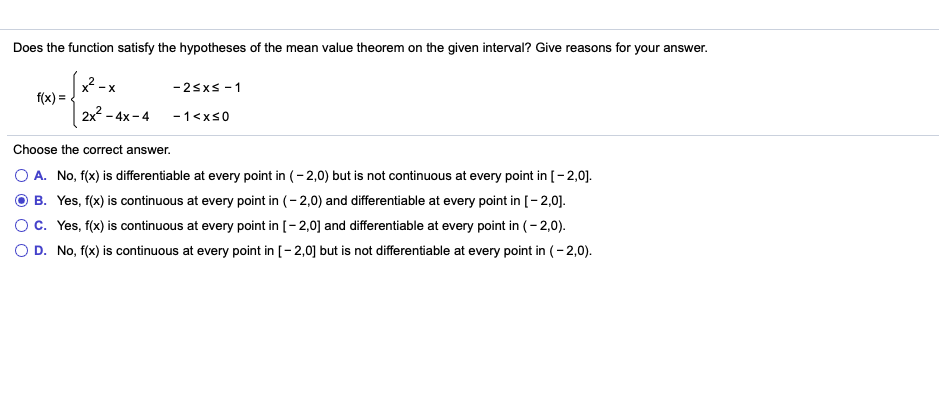 Solved Does the function satisfy the hypotheses of the Mean | Chegg.com