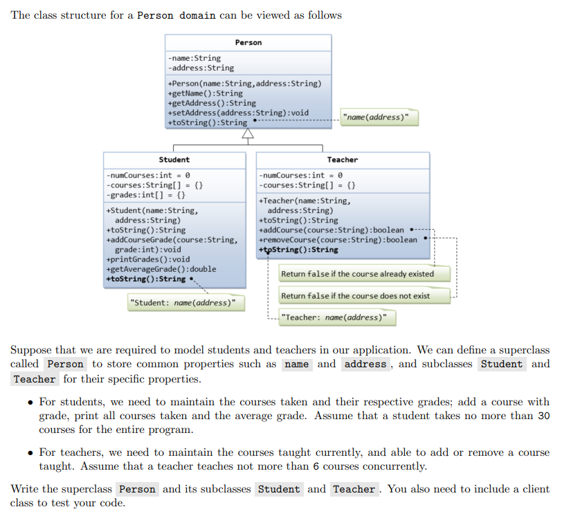 Solved The class structure for a Person domain can be viewed | Chegg.com