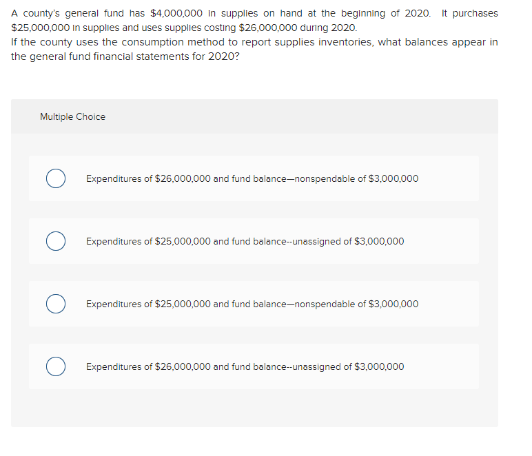 Solved A county's general fund has $4,000,000 in supplies on | Chegg.com
