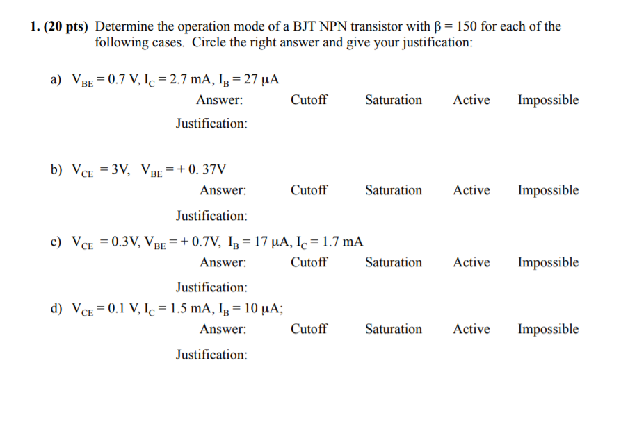 Solved 1 20 Pts Determine The Operation Mode Of A Bjt Npn