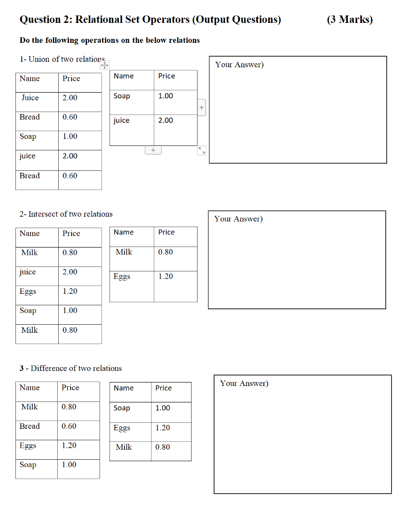 Solved Question 2 Relational Set Operators Output 9987