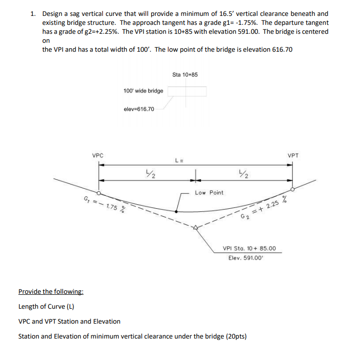 Solved 1. Design a sag vertical curve that will provide a | Chegg.com