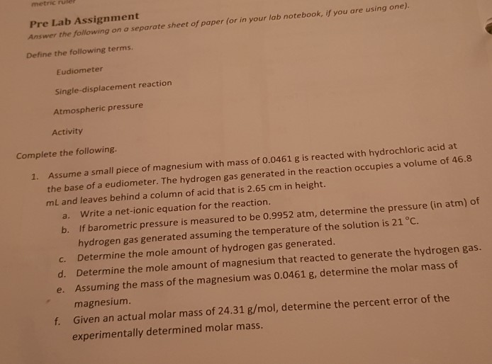 Solved metric Pre Lab Assignment Answer the following on a | Chegg.com