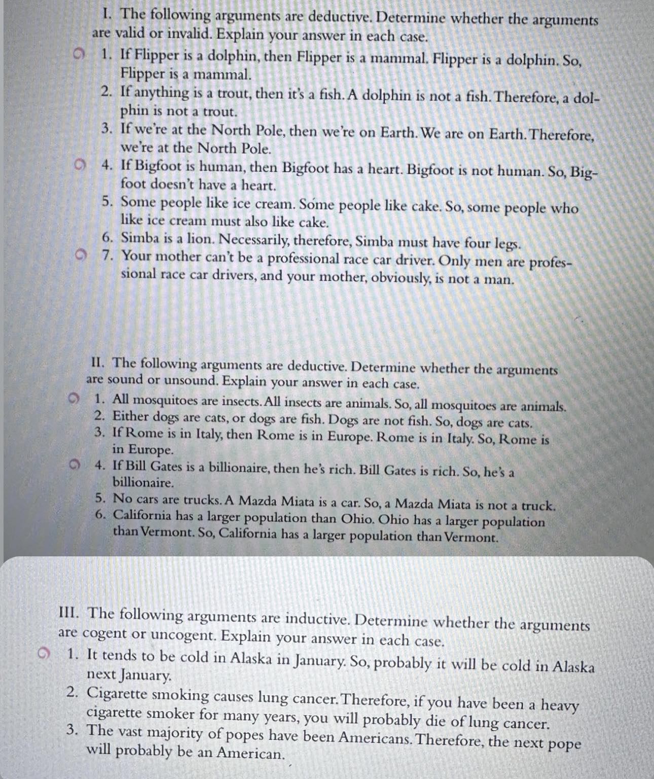 I. The following arguments are deductive. Determine | Chegg.com