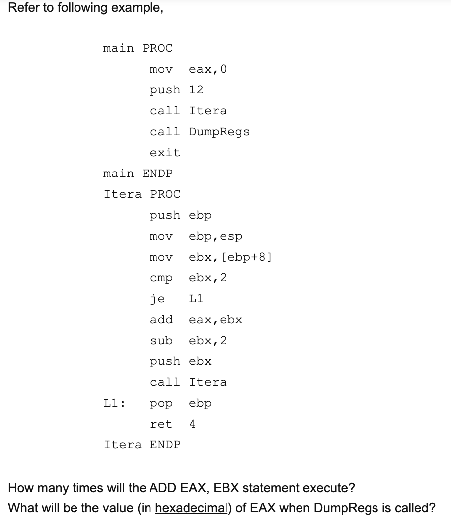 Solved Refer to following example, main PROC mov eax, 0 push | Chegg.com