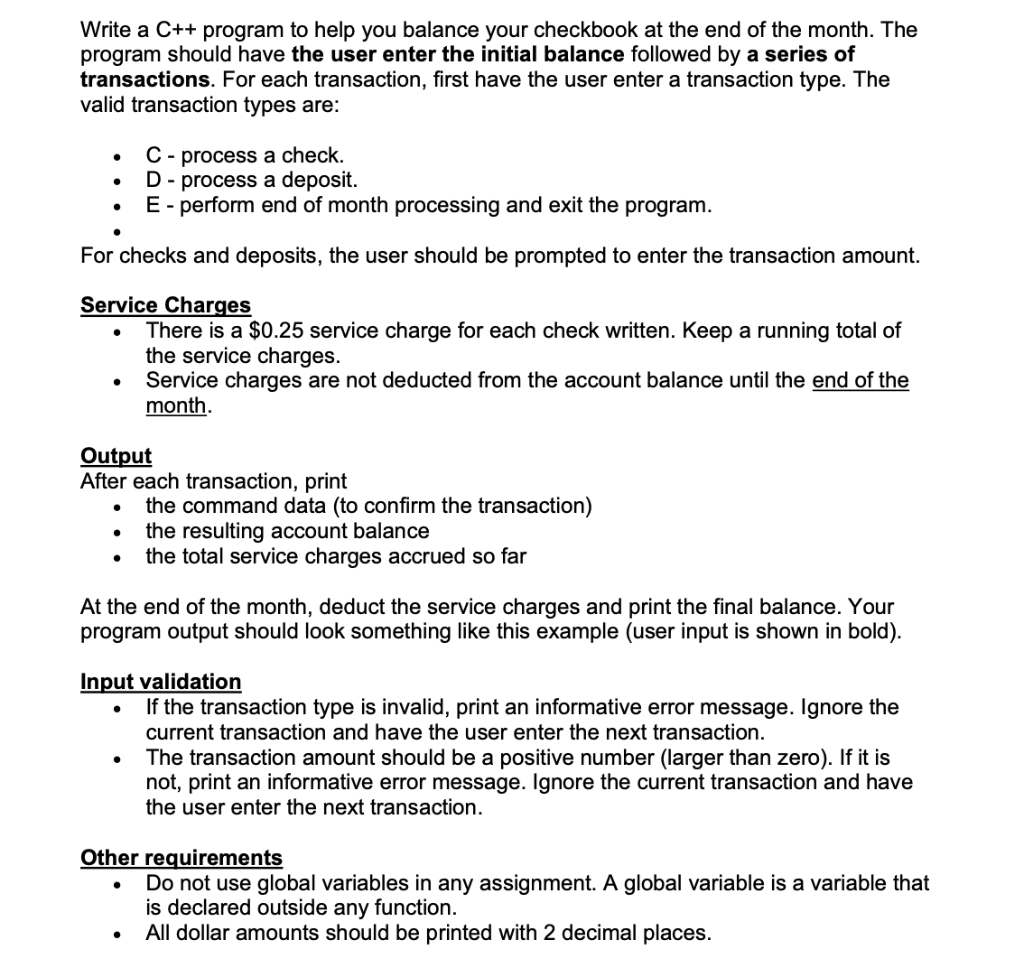 Solved Write a C++ program to help you balance your | Chegg.com