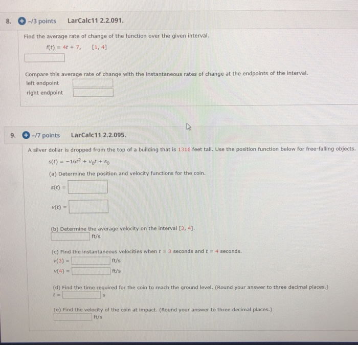 Solved 8. -/3 points LarCalc11 2.2.091. Find the average | Chegg.com