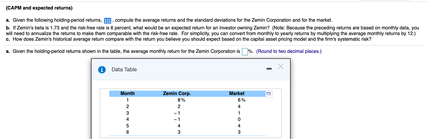 Solved (CAPM and expected returns) a. Given the following | Chegg.com
