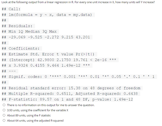 Solved Look at the following output from a linear regression | Chegg.com