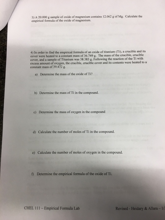 Solved Chemistry Lab 111 Name: Partner:_ Date: Empirical | Chegg.com